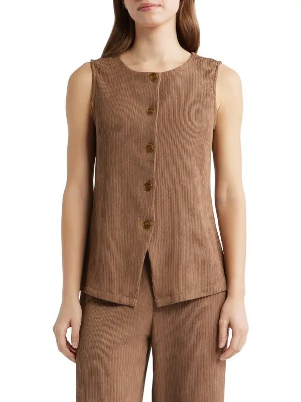 Anne Klein Sleeveless Knit Button-up Shirt - Mushroom