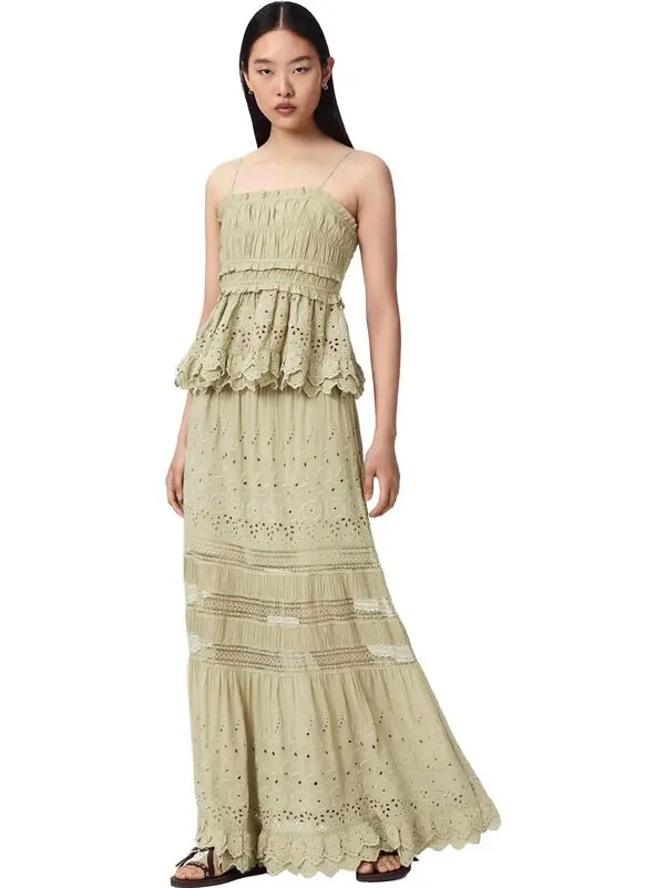 ALLSAINTS Embroidered Tiered Maxi Skirt - Haze Green
