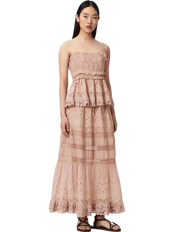 ALLSAINTS Embroidered Tiered Maxi Skirt - Pink