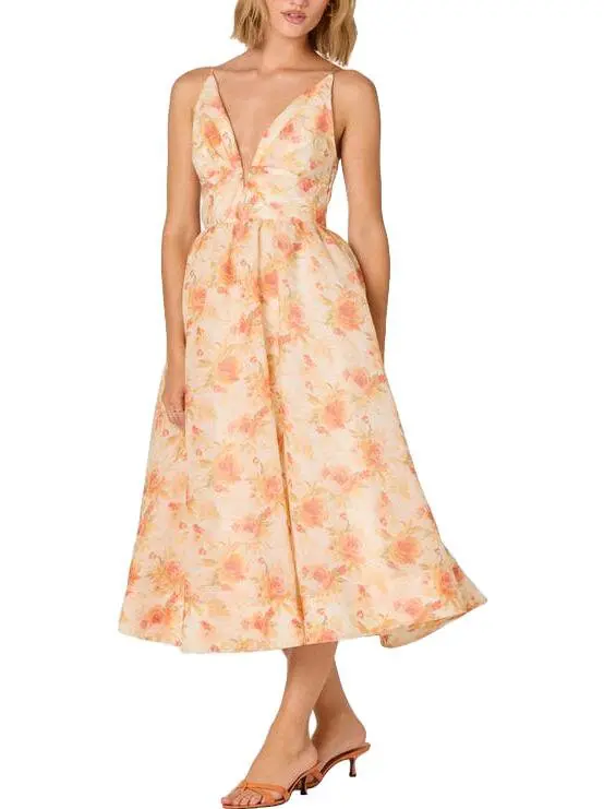 Astr The Label Janna Floral Chiffon Midi Dress - Orange Floral