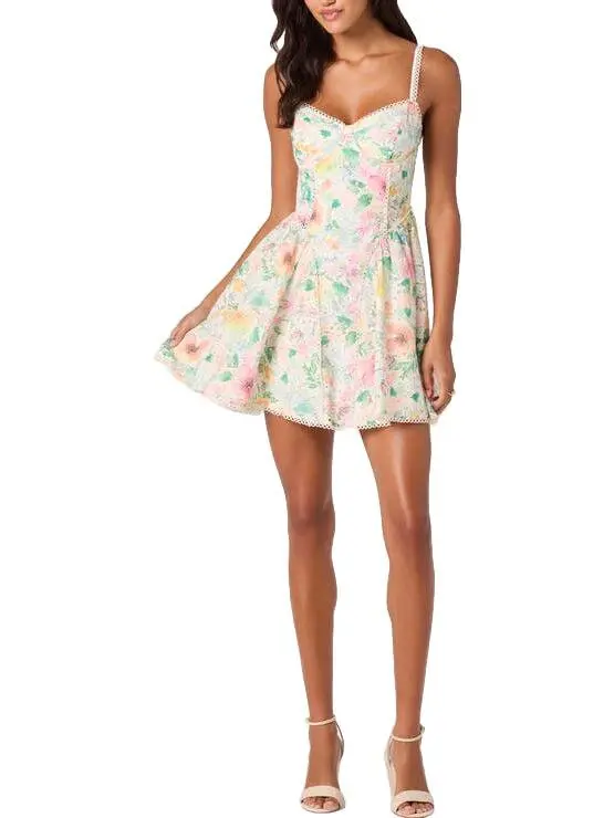 Astr The Label Birdie Floral Eyelet Minidress With Scallop Trim - Green Pink Floral