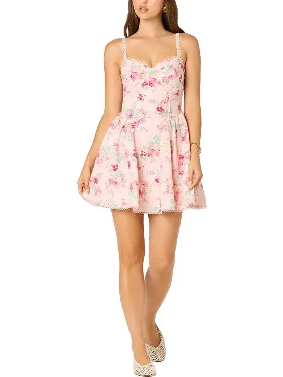 Astr The Label Birdie Floral Eyelet Minidress With Scallop Trim - Pink Floral