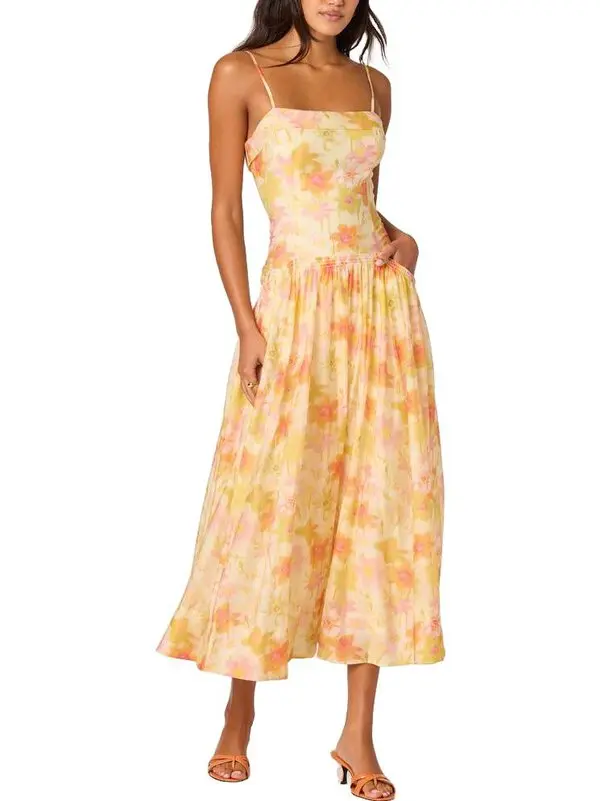 Astr The Label Ovina Floral Chiffon Midi Dress - Yellow Floral