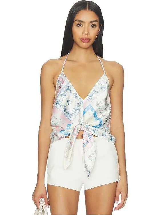 Majorelle Halter Neck Tie Front Top - Multi Scarf Print
