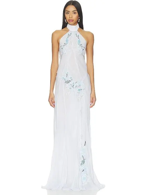 MUMA WORLD Embroidered Halterneck Maxi Dress - Blue