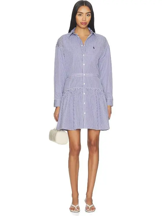 Polo Ralph Lauren Collared Long Sleeve Dress - White & Fall Royal