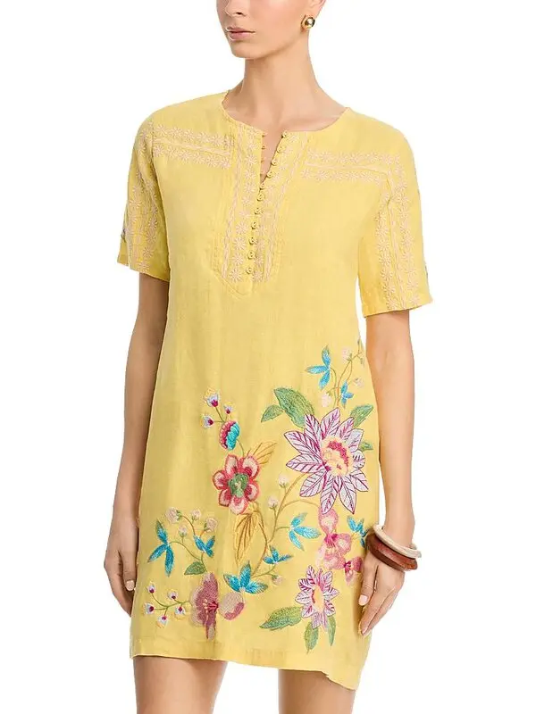 Johnny Was Seamed Button Neck Linen Dress - Soft Citron