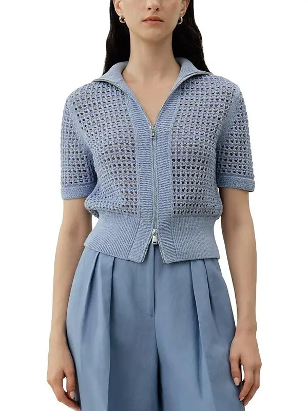 Lilysilk Toscana Pointelle Knit Double-zip Cardigan - Chambray Blue