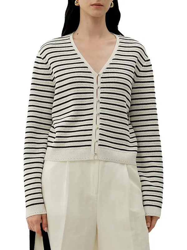 Lilysilk Toscana Striped Pointelle Cardigan - White With Black Stripes
