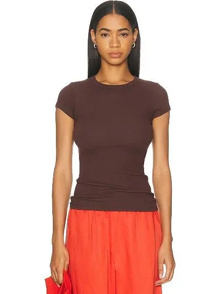 Enza Costa Textured Rib Cap Sleeve Crewneck Tee - Chocolate