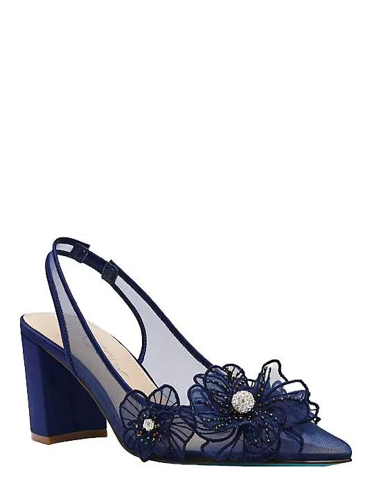 Betsey Johnson Petra Floral Embellished Slingback Heels - Navy