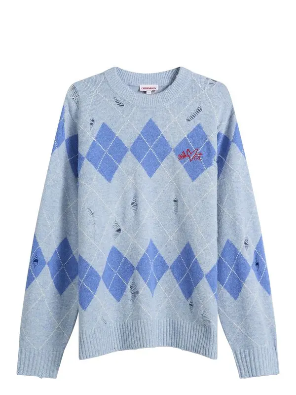 CHARLES JEFFREY Distressed Argyle Jumper - Light Blue/blue