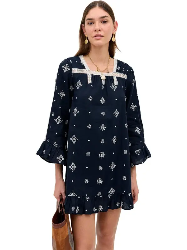 Rixo Susana Embroidered Mini Dress - Navy