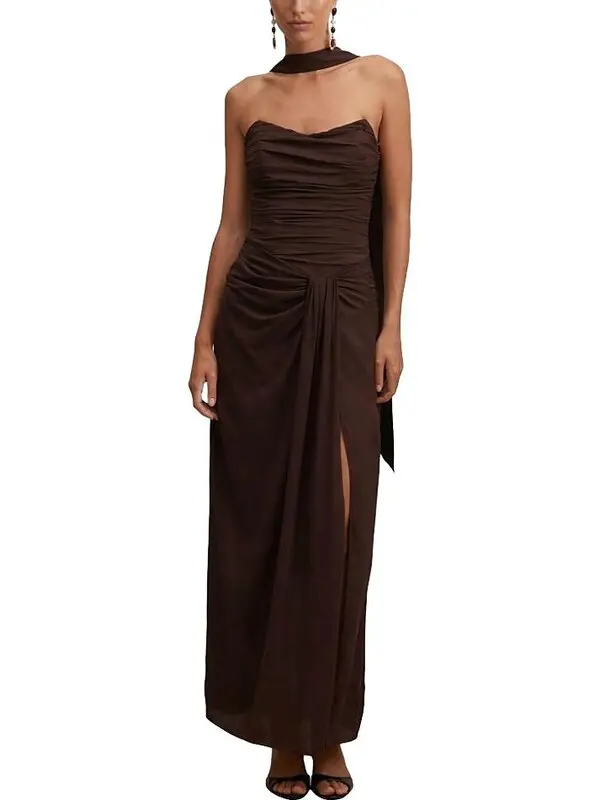 EVER NEW Arli Strapless Ruched Maxi Dress With Detachable Scarf - Chocolate