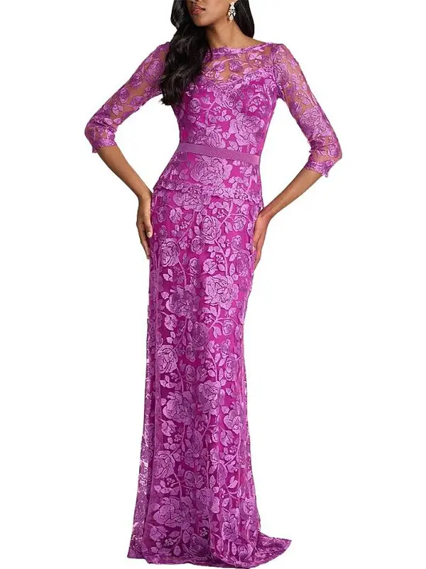Tadashi Shoji Carelle Embroidered Tulle Gown - Magenta