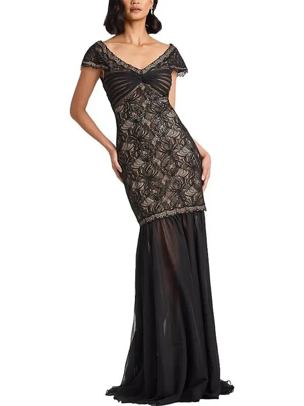 Tadashi Shoji Sedora Orchid Lace Gown - Black/nude