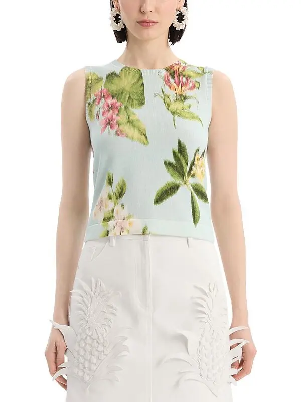 Oscar De La Renta Printed Chine Flower Knit Twinset Tank - Saltwater