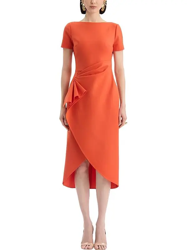 Oscar De La Renta Short Sleeve Draped Waist Day Dress - Paprika