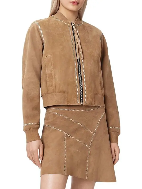 ALLSAINTS Orten Whipstitch Suede Bomber Jacket - Sand Brown