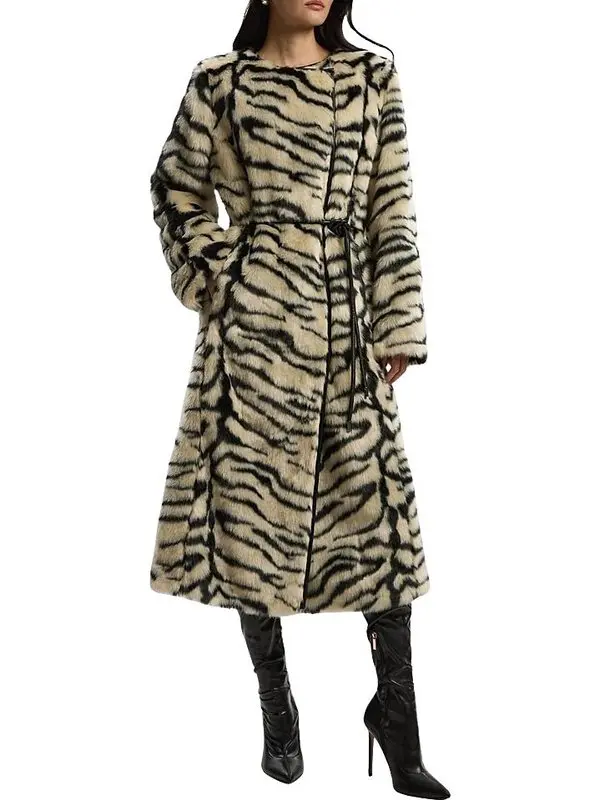 Karen Millen Faux Fur Collarless Belted Midi Coat - Mono