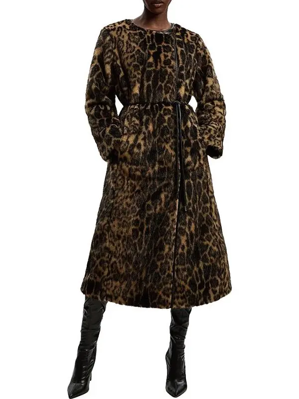 Karen Millen Faux Fur Collarless Belted Midi Coat - Multi