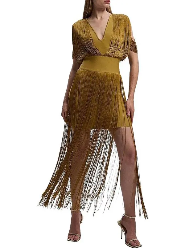 Karen Millen Bandage Knit Fringe Detail Dress - Gold