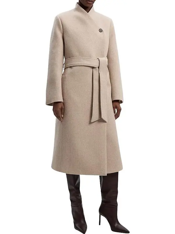 Karen Millen Wool Wrap Neck Tailored Belted Midi Coat - Oatmeal