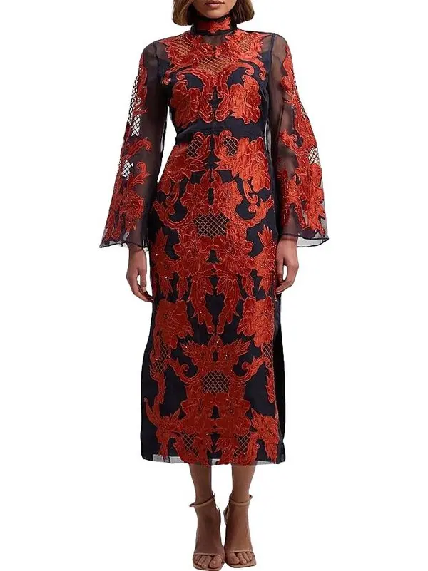 Karen Millen High Neck Embroidered Midi Dress - Navy