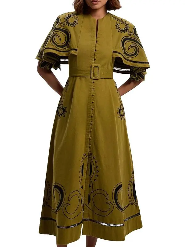 Karen Millen Baroque Cape Sleeve Midi Dress - Khaki