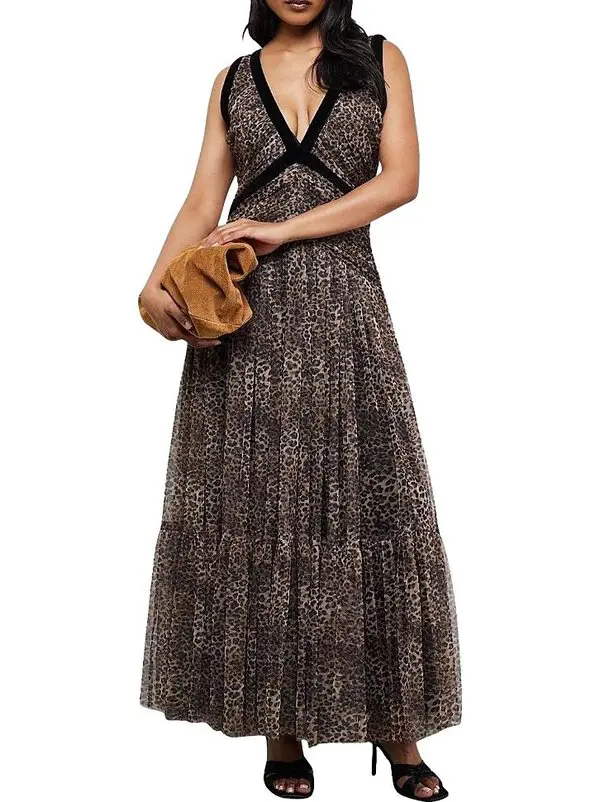WAREHOUSE Velvet Trim Leopard Tulle Maxi Dress - Animal