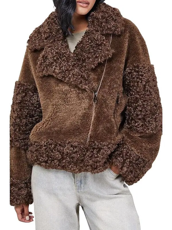 WAREHOUSE Faux Fur Mix Zip Through Jacket - Chocolate