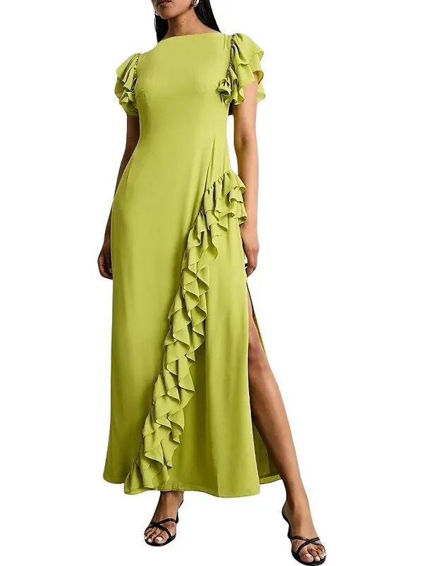 WAREHOUSE Side Split Ruffle Detail Maxi Dress - Lime