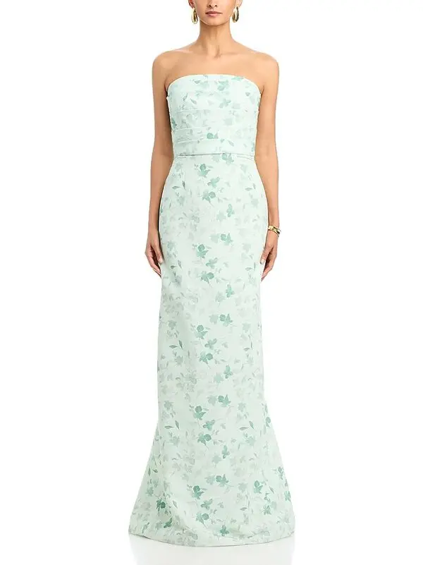 Amsale Strapless Floral Print Gown - Moss