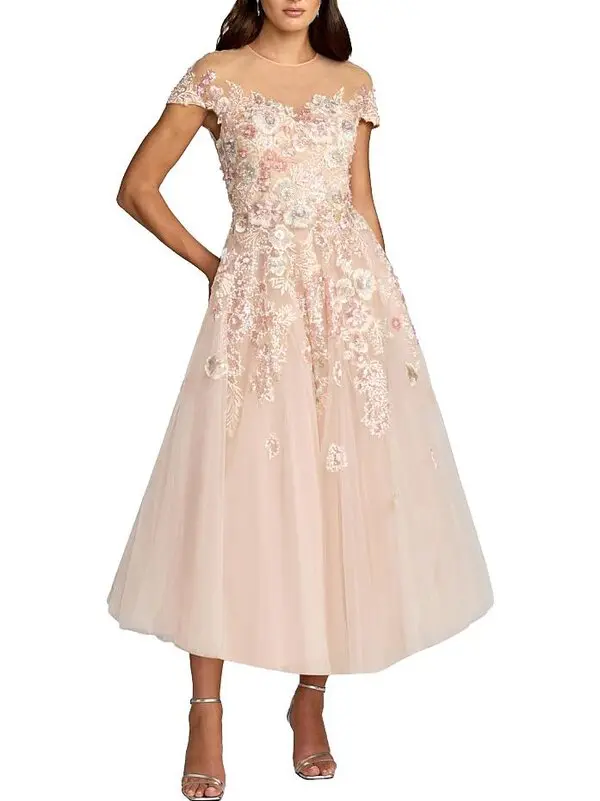 Mac Duggal Embroidered Tulle Midi Dress - Blush Multi