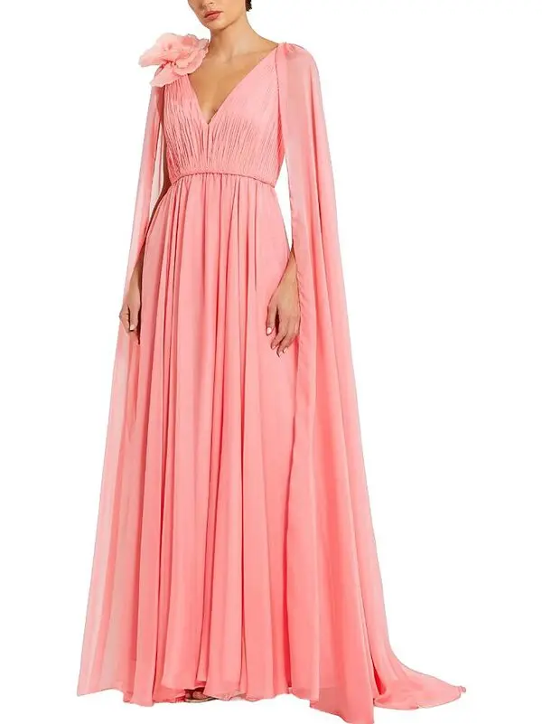Mac Duggal Chiffon V-neck Gown With Cape Sleeves - Hibiscus