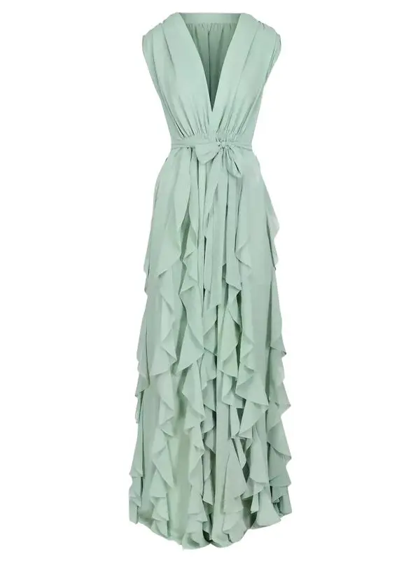 Catherine Regehr Ruffled-skirt V-neck Maxi Gown - Green