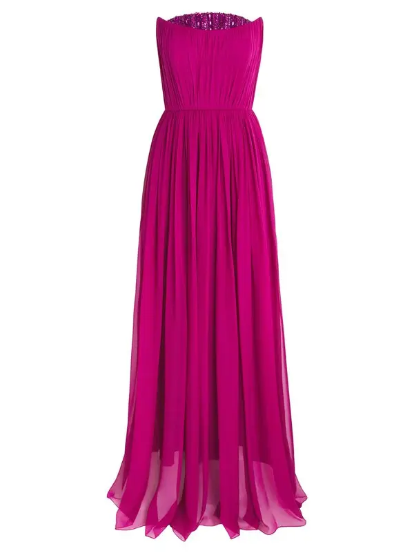 Pamella Roland Silk Chiffon Embellished Gown - Burgundy