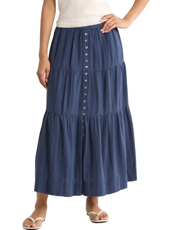 Marine Layer Lana Tiered Cotton Maxi Skirt - Navy