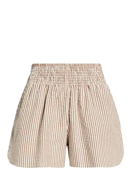Marine Layer Isla Stripe Cotton & Kapok Seersucker Shorts - Mocha Stripe