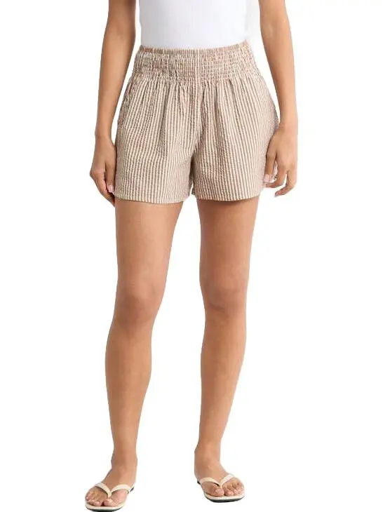 Marine Layer Isla Stripe Cotton & Kapok Seersucker Shorts - Mocha Stripe