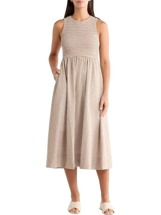 Marine Layer Darcy Stripe Cotton-blend Seersucker Dress - Mocha Stripe