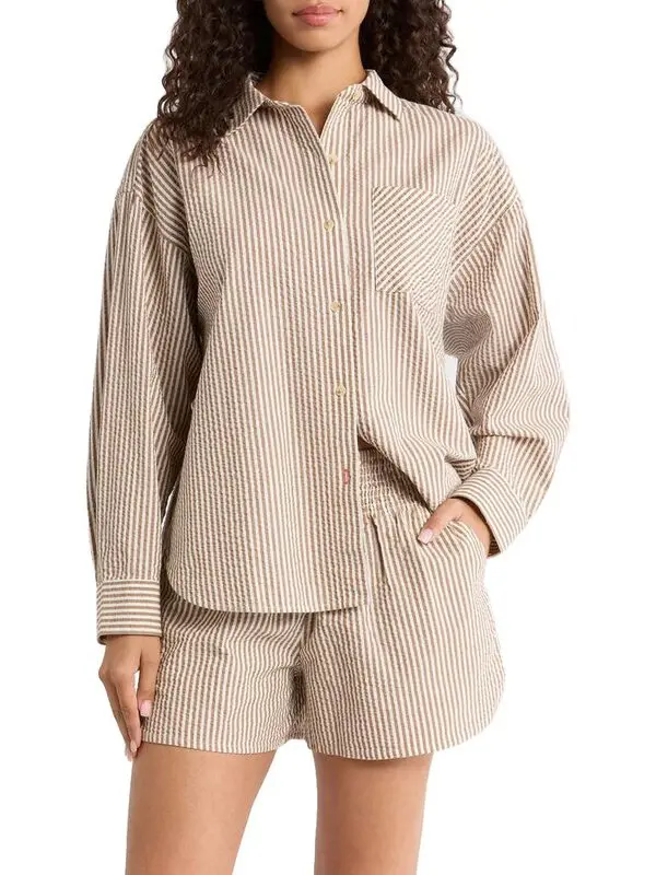 Marine Layer Gracey Stripe Oversized Cotton & Kapok Seersucker Button-up Shirt - Mocha Stripe