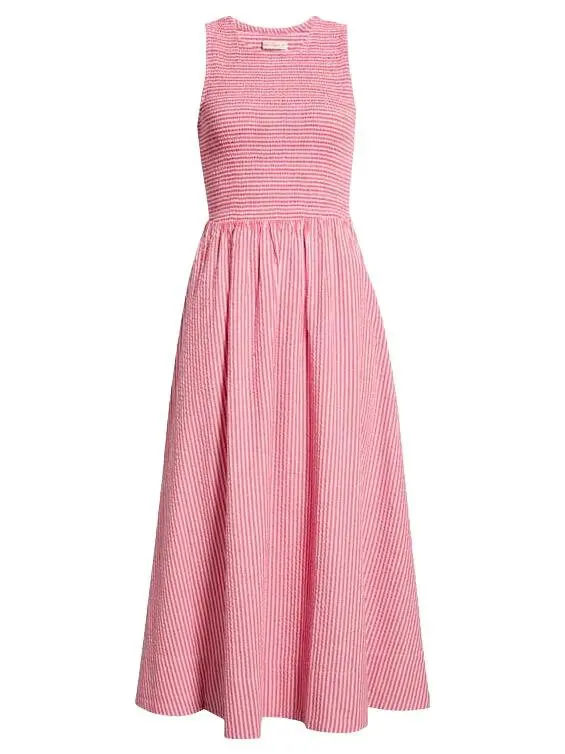 Marine Layer Darcy Stripe Smocked Seersucker Midi Dress - Pink Stripe
