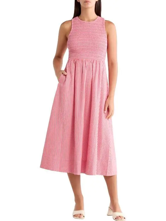 Marine Layer Darcy Stripe Smocked Seersucker Midi Dress - Pink Stripe