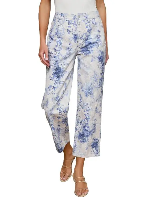 L'Agence June Floral High-waist Cropped Jeans - Ivory/blue Watercolor Lace Psl