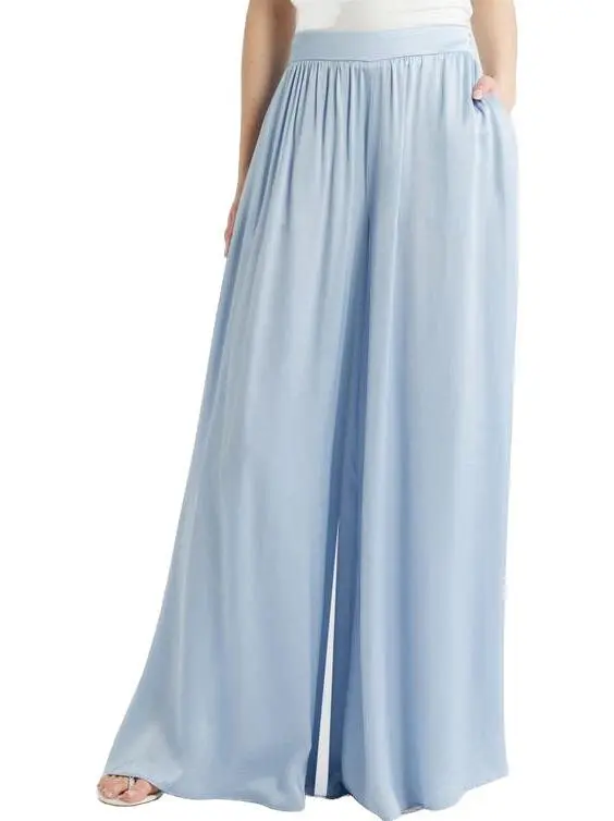 Mango High Waist Satin Wide Leg Pants - Sky Blue