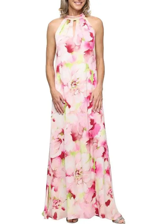 SL FASHIONS Floral Halter Chiffon A-line Gown - Pink Multi