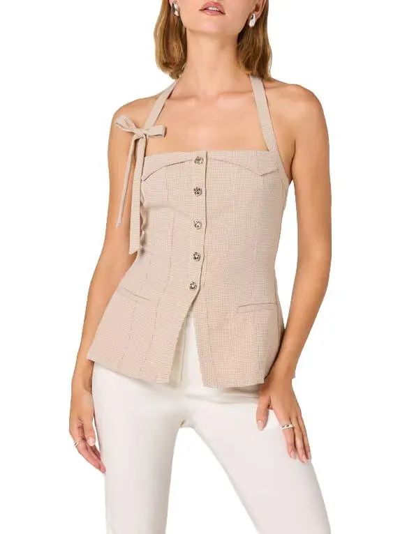Astr The Label Cithara Gingham Halter Neck Peplum Top - Tan Checker