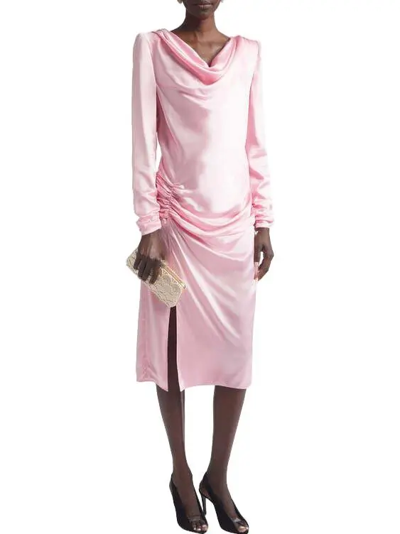 Valentino Garavani Draped Long Sleeve Silk Satin Dress - Pink