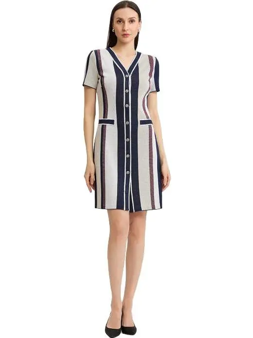 Ming Wang Button-front Striped Knit Dress - Plumeria/indigo